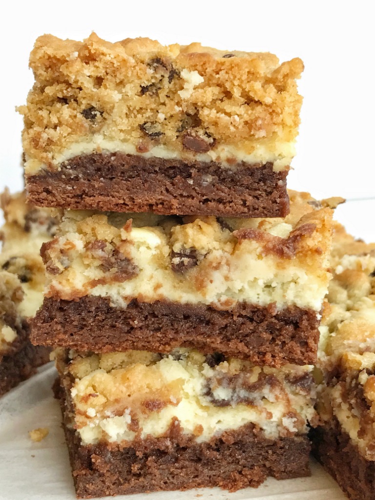 Chocolate Chip Cookie Cheesecake Brownie Bars Together As Family